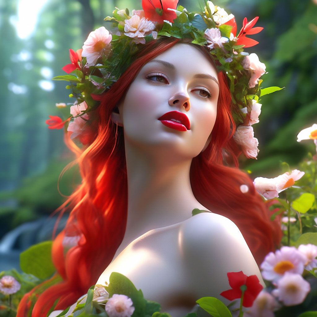 "The nymph beautiful nymph, red lipstick, forest, edge, river, cascade ...