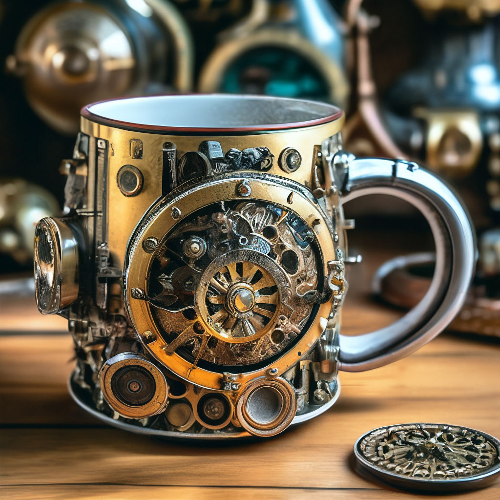 "Steampunk style mechanical mug" — image created in Shedevrum