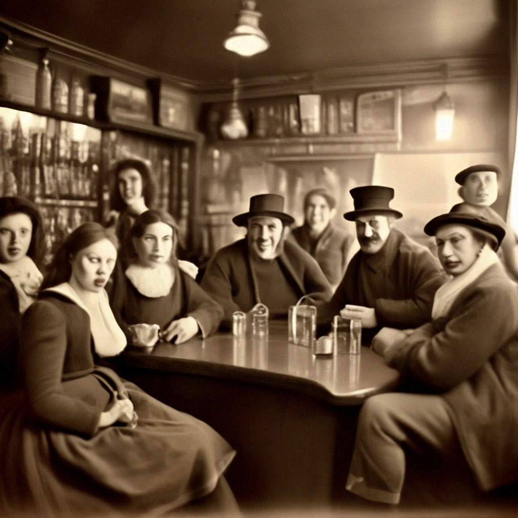 "Irlansky pub, 19th century. men and women, dim light, cigarette smoke ...