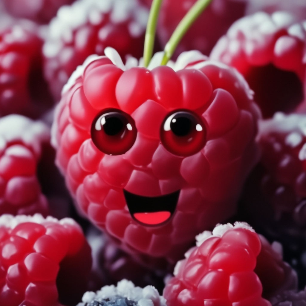 "A lot of raspberries with a face, eyes, mouth, funny in the snow ...