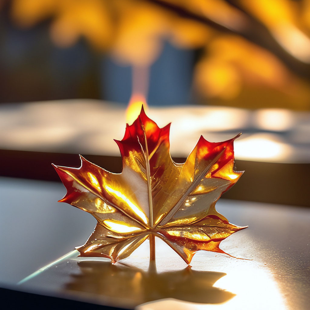 "Electroplating maple leaf, a candle stands and burns next to it, an ...