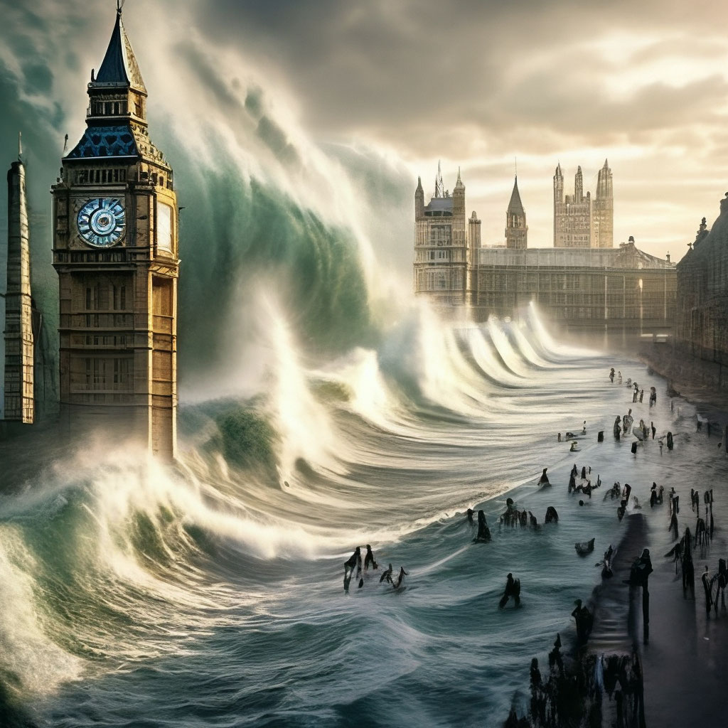 "The tsunami wave covered London" — image created in Shedevrum