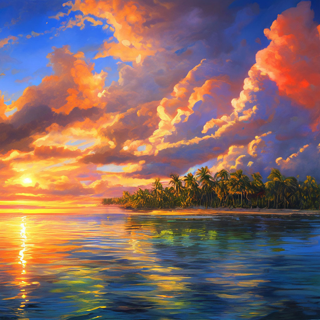 "Tropical island, sunset, layered clouds, soft lighting, moral colors ...