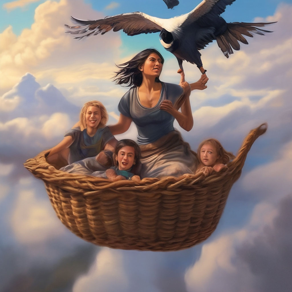 "A condor carries a woman in a basket to her family through the clouds ...