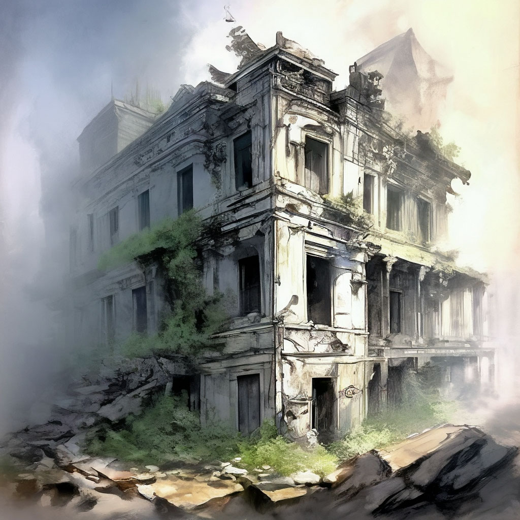 "A dilapidated, old, unstable building with broken walls Watercolor ...
