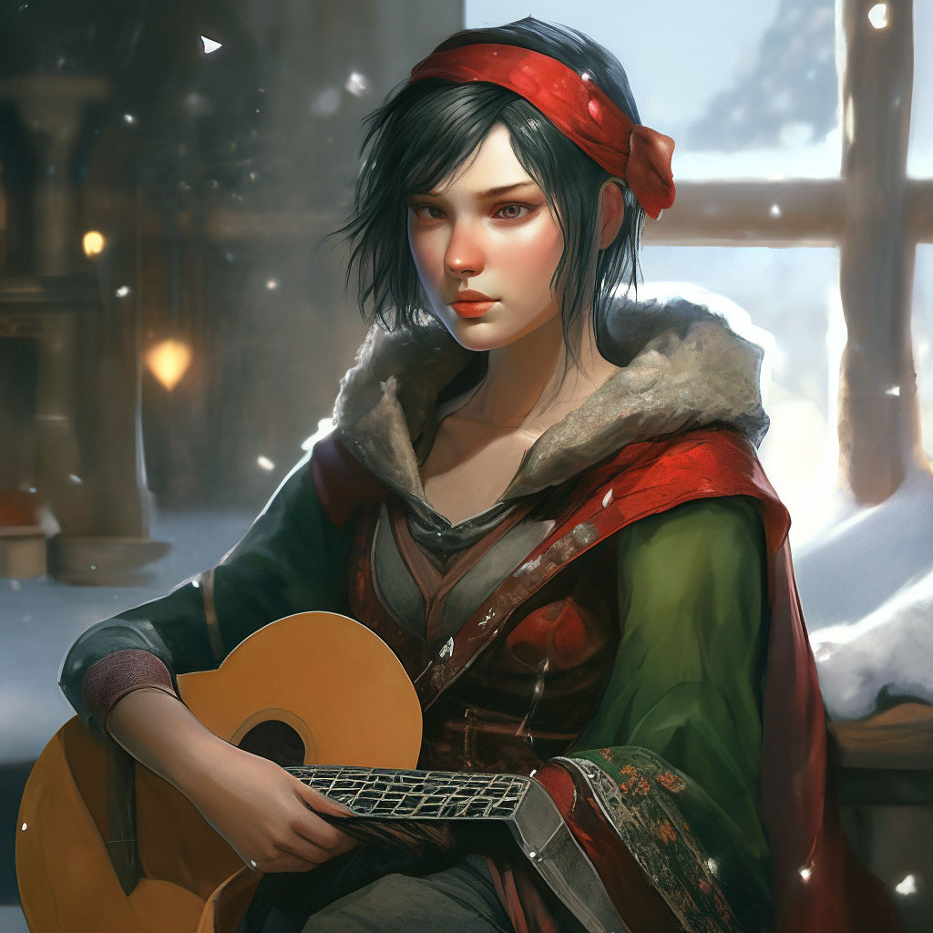 "Bard girl, with a lute, black very short hair, thoughtfulness anger ...