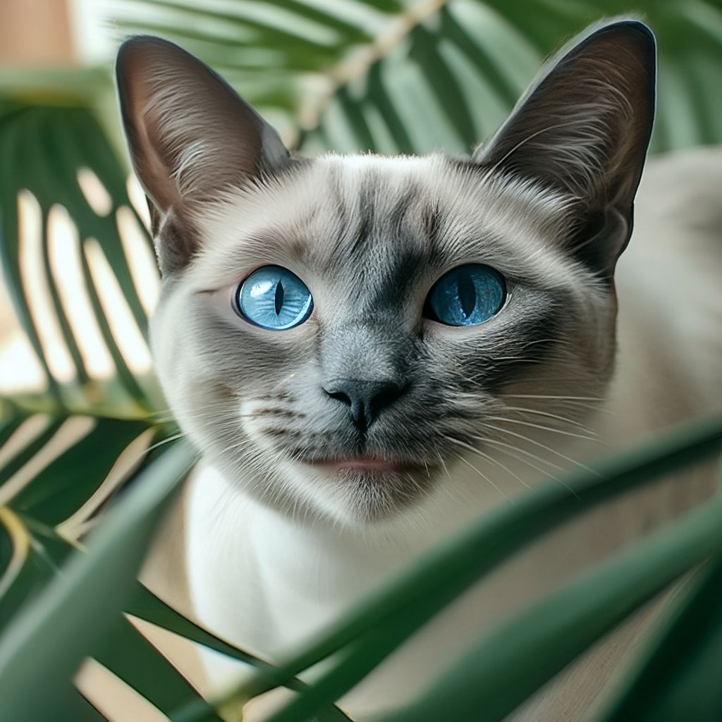 "Siamese cat with a gray muzzle cute realistic smiling catches a bird ...