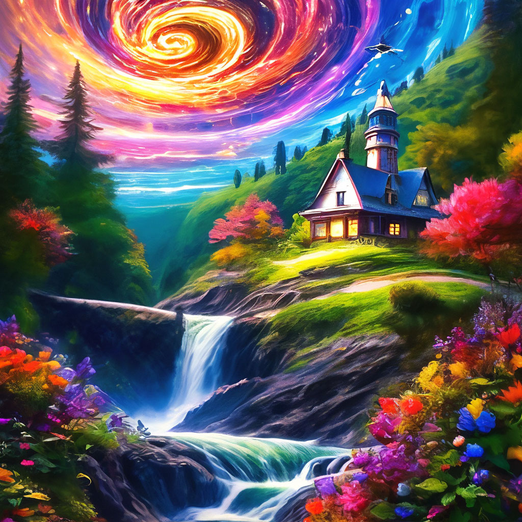 "There is a colorful landscape image on a mountain river .house ...