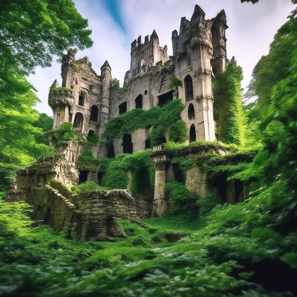 "Gerika A ruined openwork castle surrounded by lush green foliage, a ...