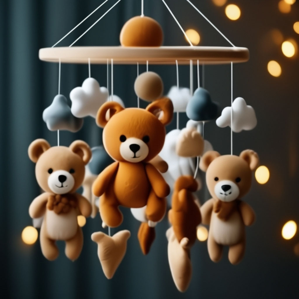 "A mobile above a baby cot in the form of bears" — image created in ...