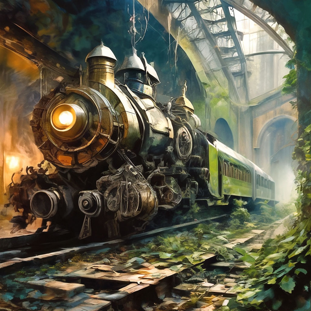 train station, brickwork, train, ivy, steampunk, mysticism, fantasy ...