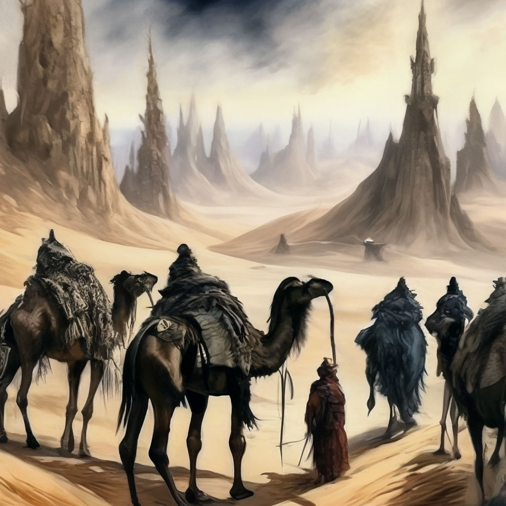 "Desert, dunes, camels, Bedouins, oasis, watercolor, fantasy ...
