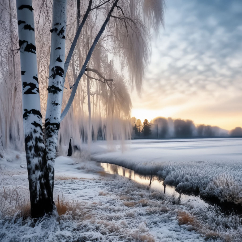 "Frosty morning, dawn, birch trees covered with frost" — image created ...
