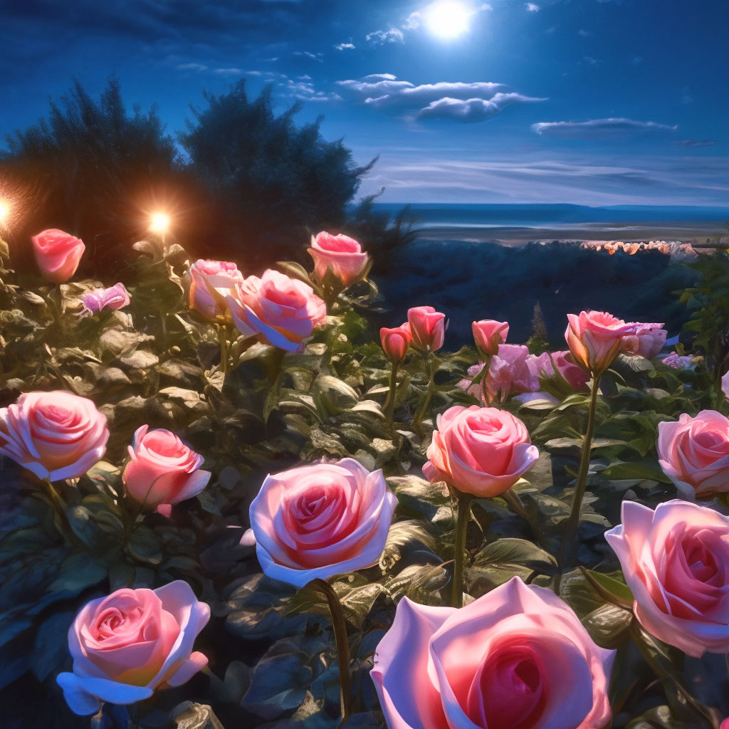 "Blooming rose bushes in the night , big the moon , the light of lights ...
