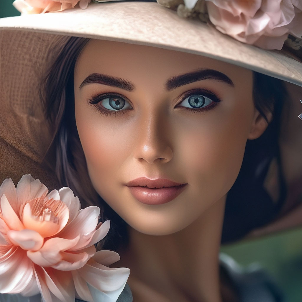"Very cute lady in a fashionable hat with a flower, professional photo ...