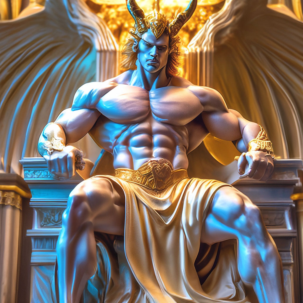 "Muscular demon Asmodeus on the throne, arm bent at the elbow, proud ...