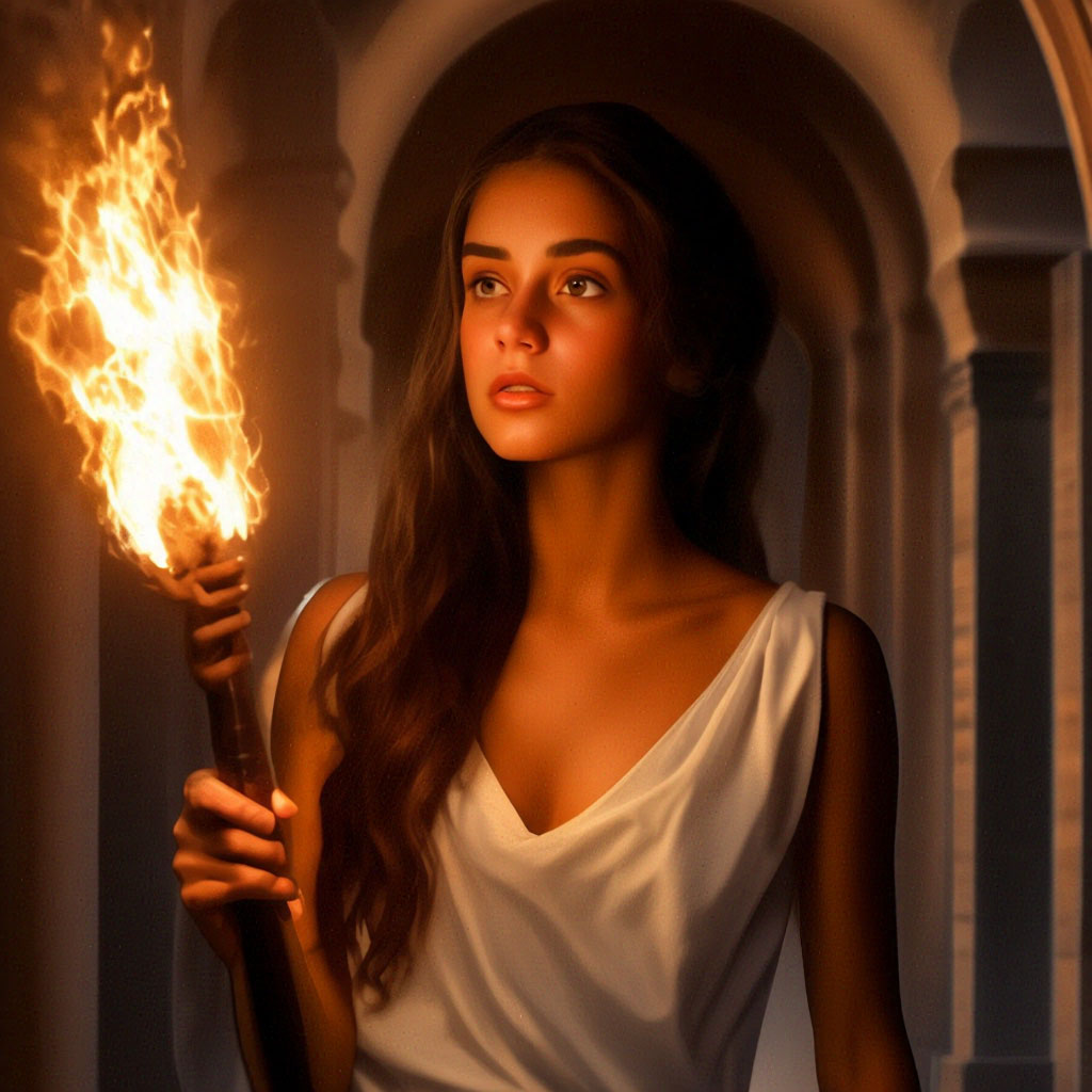 "A Greek girl of about eighteen in a short white chiton in a dark ...