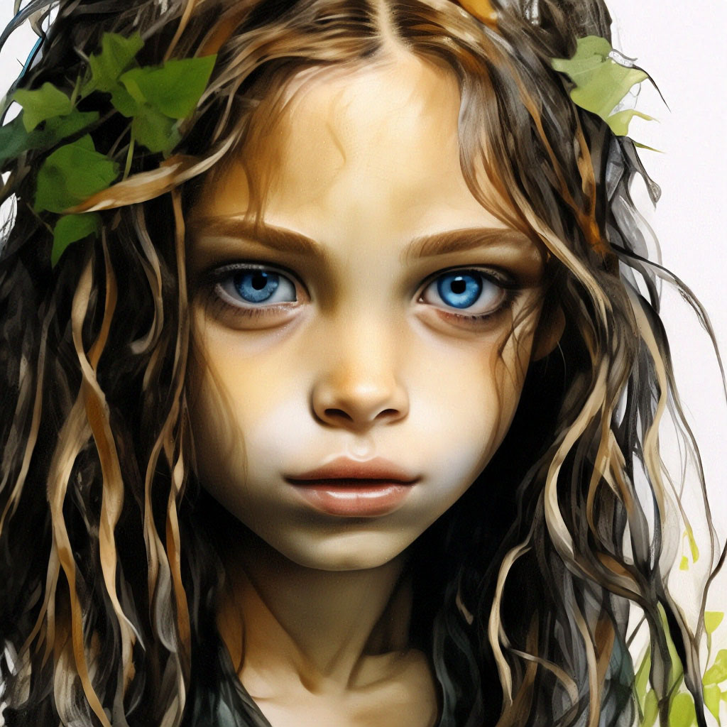 "Surrealistic portrait sketch of a beautiful pixie girl of about ten ...