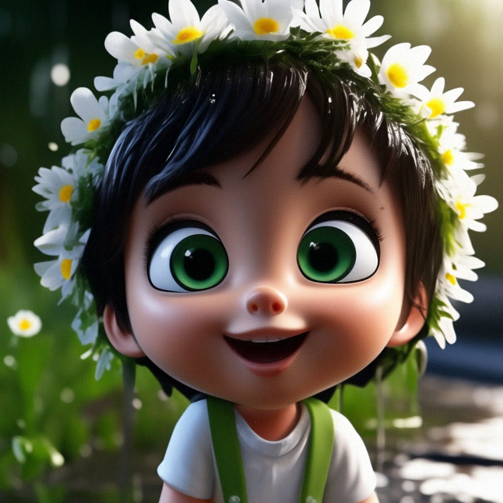 "Dear child chamomile happily laughs at the rain. big green eyes ...