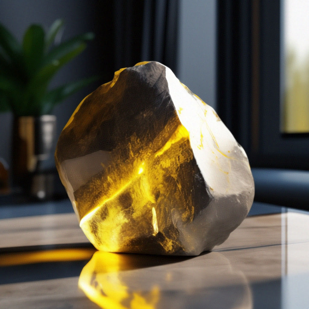"Grey stone with a dim yellow light inside, glitters in the sun ...