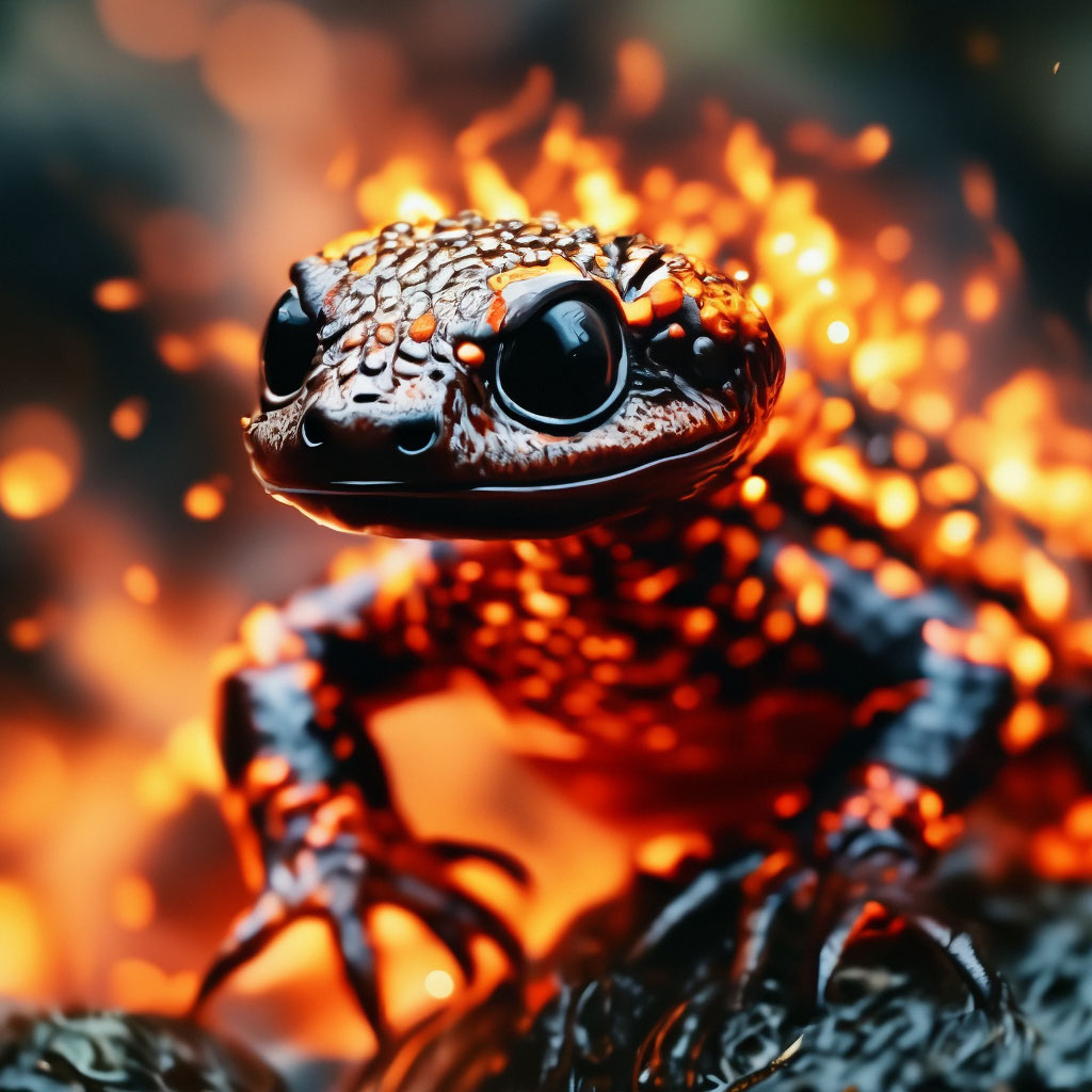 "Salamander, mystical spirit of fire, cute creature enveloped in flames ...
