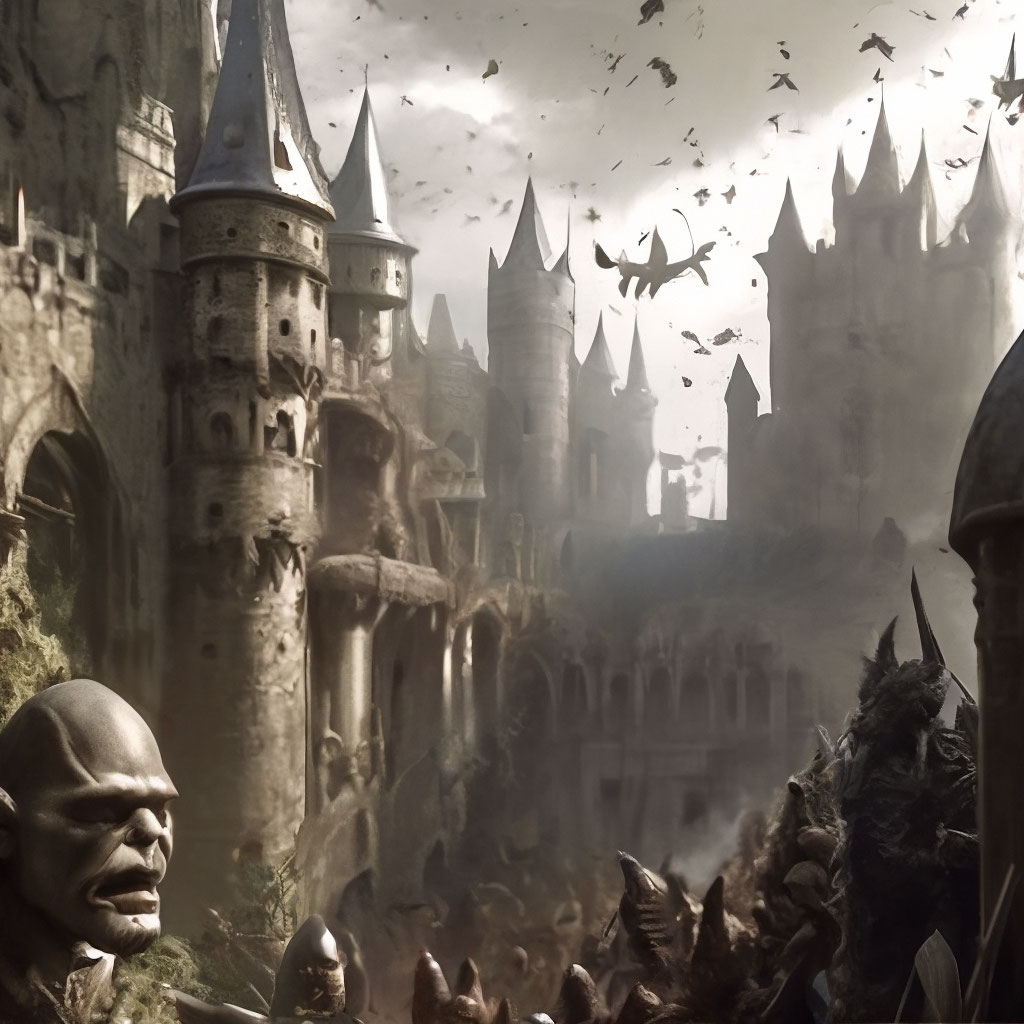 "A detailed plan, the walls of a Gothic castle are attacked by hordes ...