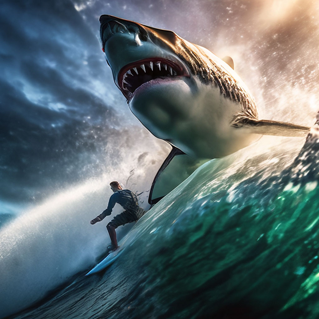 "There is a shark and a surfer on the crest of the wave Shark chases ...