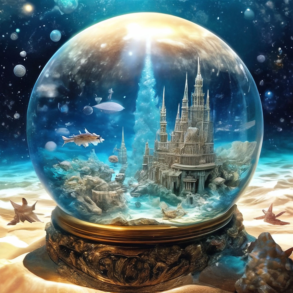 "Hyperrealistic, underwater world in a huge crystal ball, standing in ...