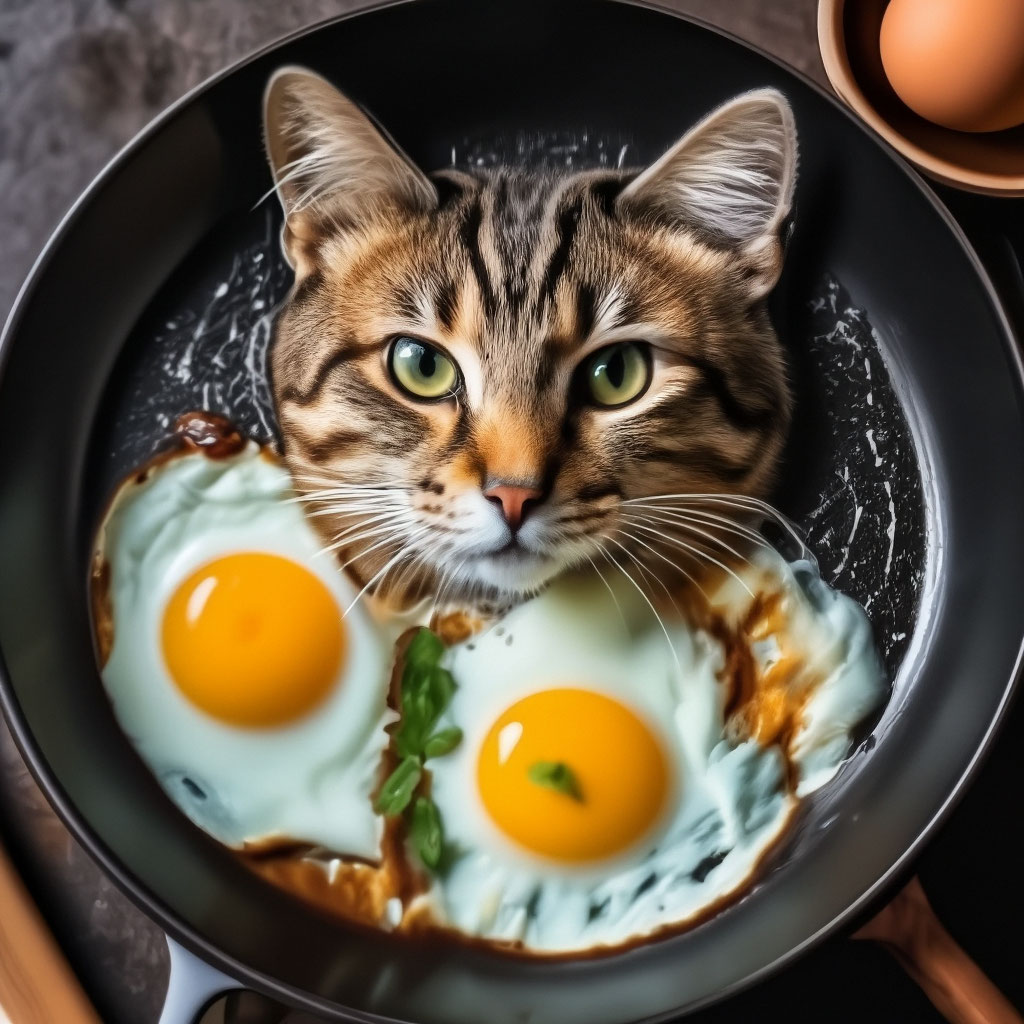 "Cat fried eggs in a frying pan" — image created in Shedevrum