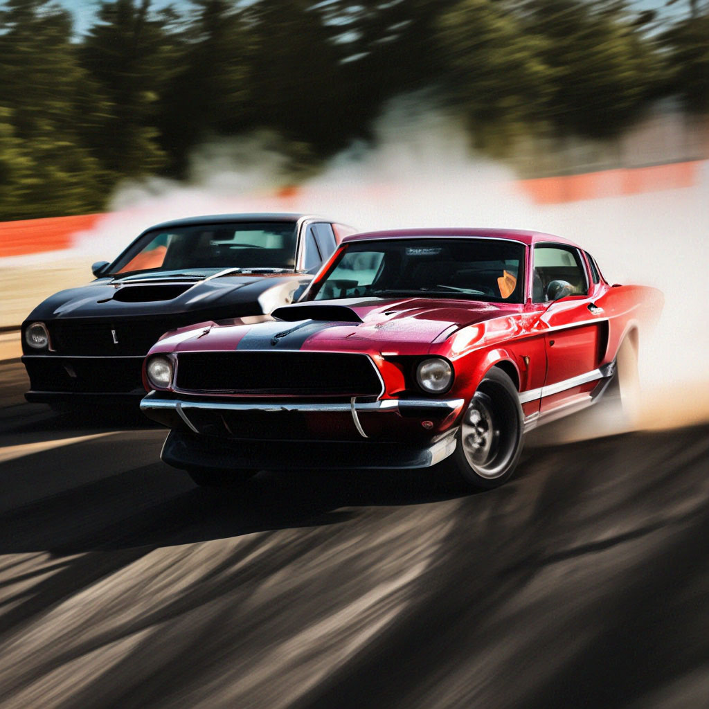 "Drive a red Ford Mustang overtakes a black Dodge on a turn, smoke from ...