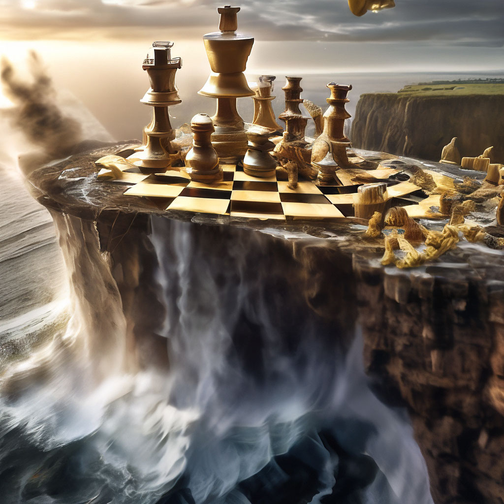 "Surrealism, colossal cracked chessboard on top of a cliff, flying ...