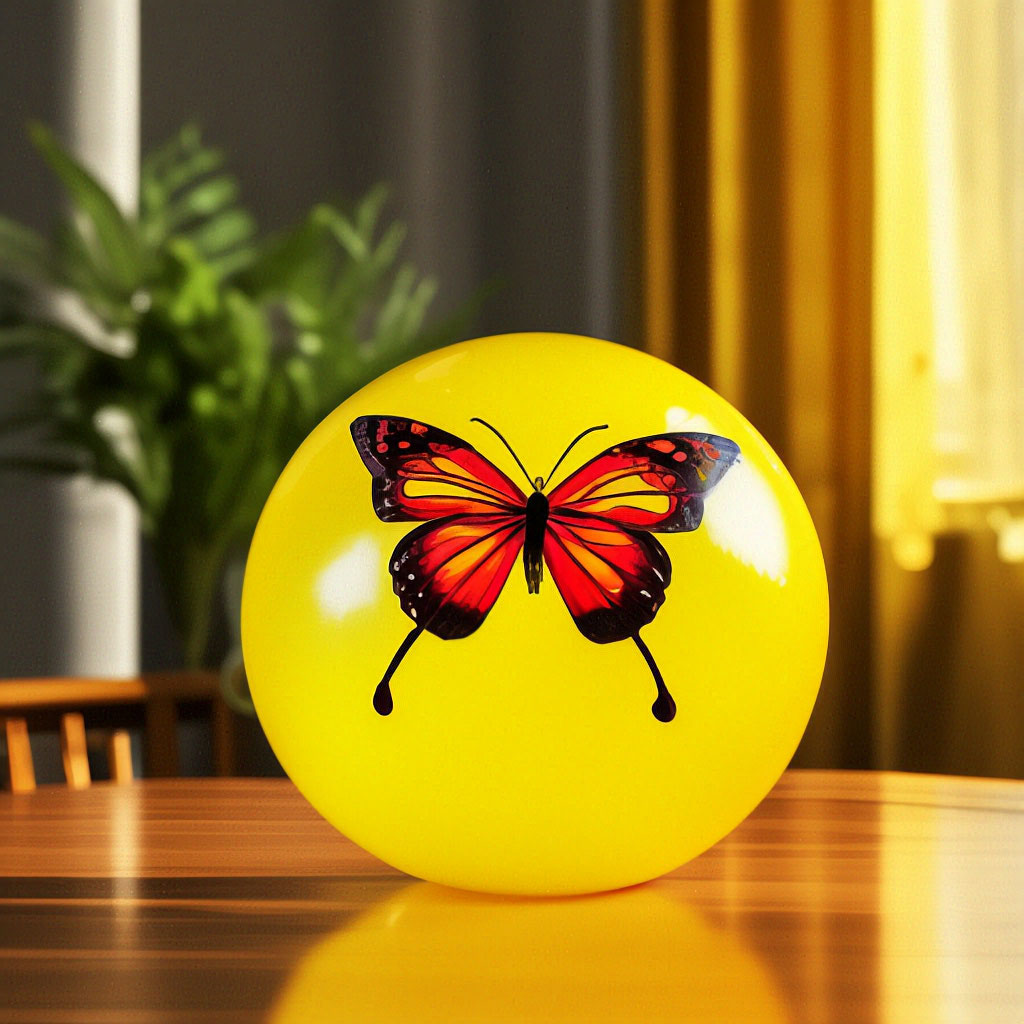 "On the table there is a children's inflatable round yellow ball, an ...
