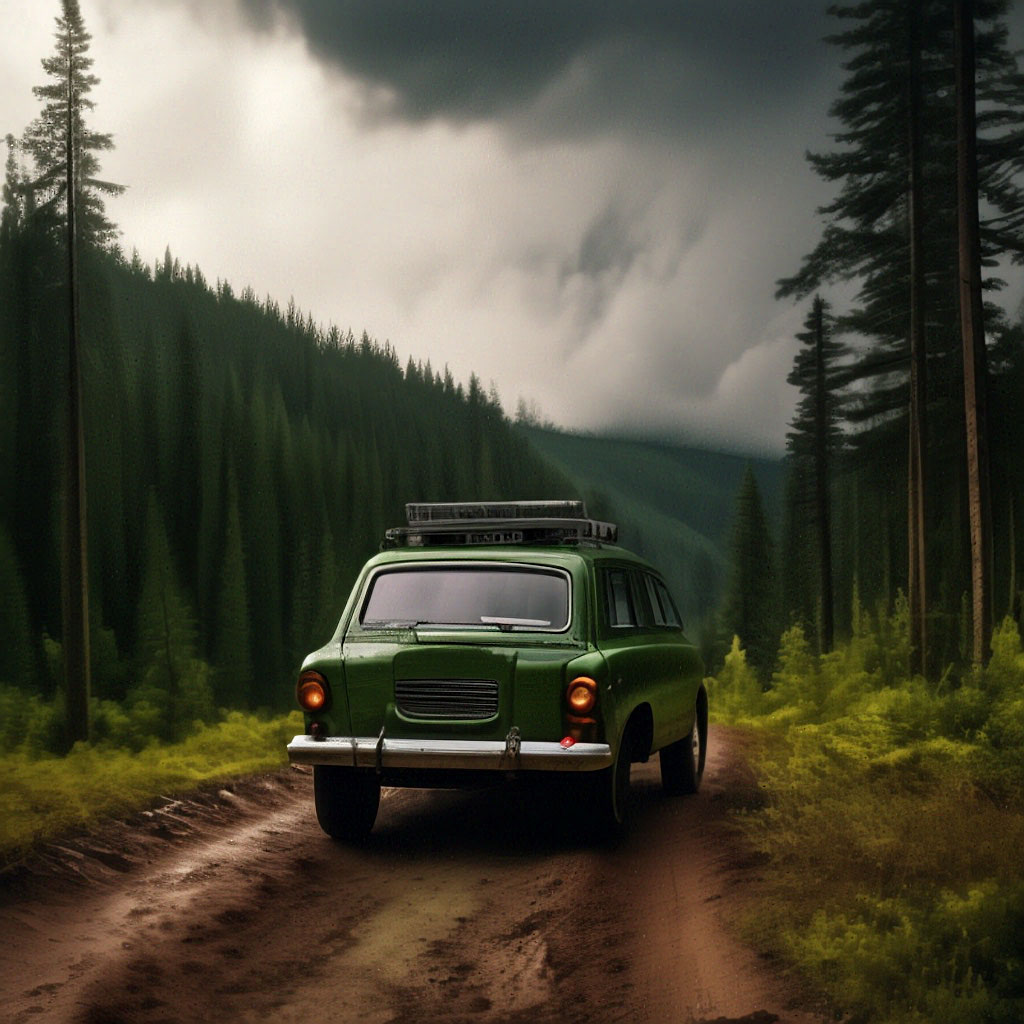 "Pofessional photo, HyperRealism, car in a taiga clearing, back view ...