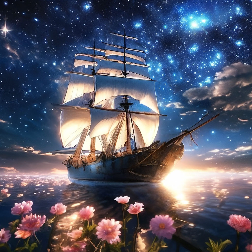 "Shining ship under a dark starry sky…" — image created in Shedevrum