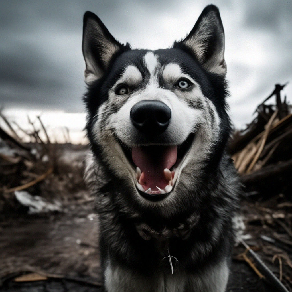 "Skinwalker dog smiling husky, 8k, …" — image created in Shedevrum