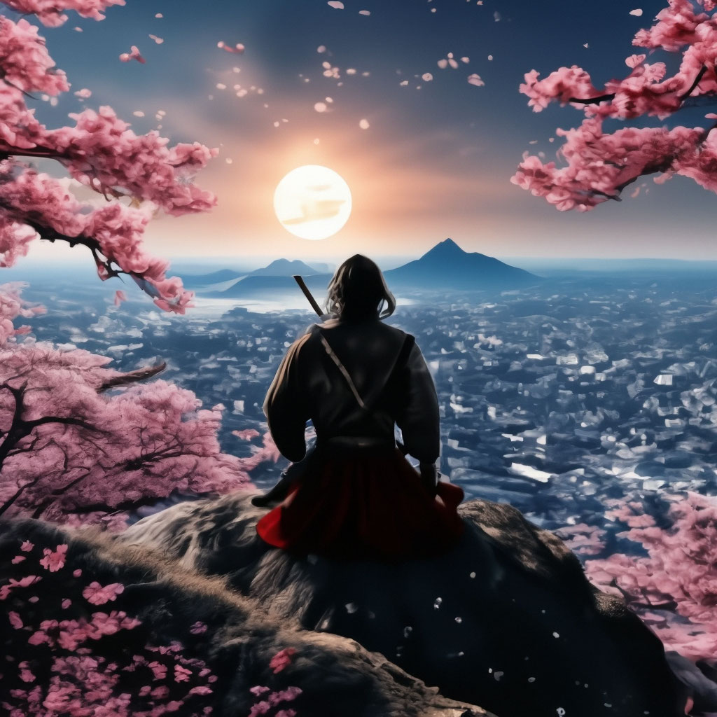 "A lonely samurai on top of a mountain…" — image created in Shedevrum