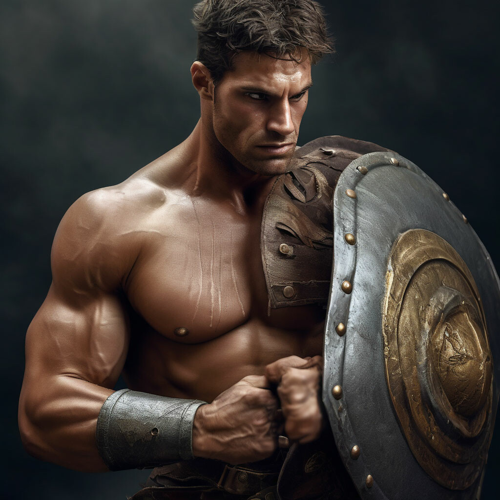 "Gladiator sword shield in his hands. scars. muscles. photohyperrealism ...