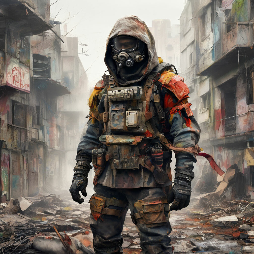 "A post-apocalyptic survivor, with improvised armor, standing in a ...