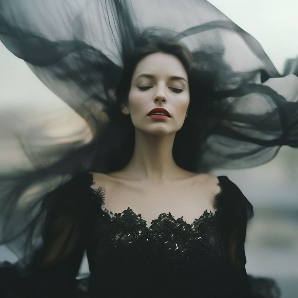 "Experience mad woman in black, tulle, lace, double exposure, border, …" — image created in ...