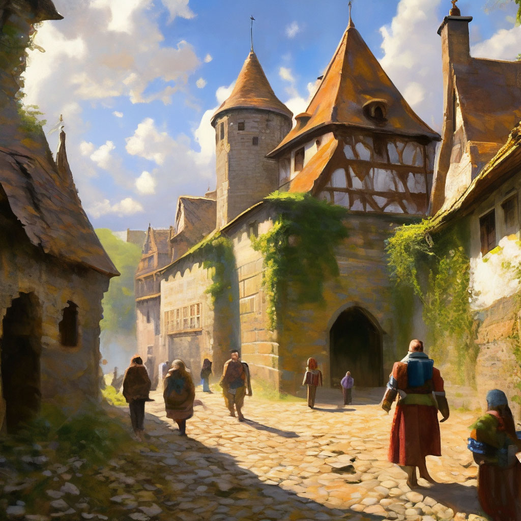 "Medieval city, chaotic buildings, uneven cobblestone pavement, dirt ...