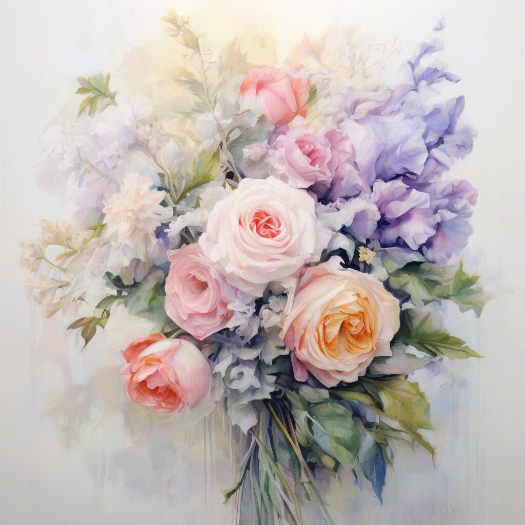 "Delicate bouquet , delicate watercolor,unearthly beauty,subtle drawing ...