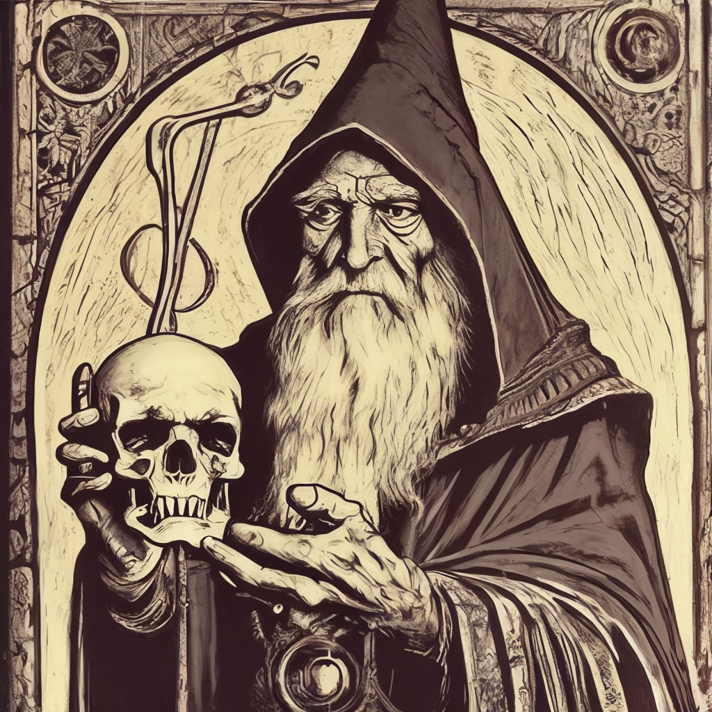 "Old wizard holding a skull, portrait, line-art, sword and sorcery ...