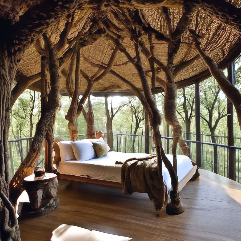 "A bed inside an oak tree hangs on ropes , a canopy over the bed ...