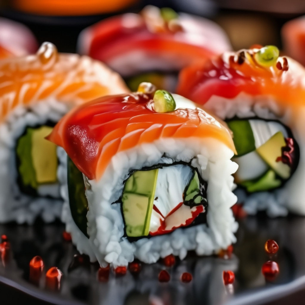 "By godly realistic close up, photo realism, delicious, sushi ...