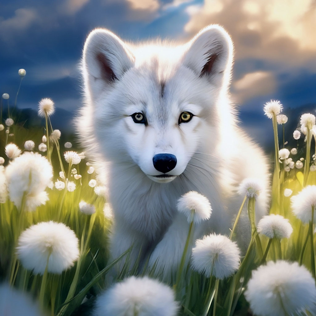 "🍒 white fluffy wolf cub, beautiful full-length eyes in a clearing with ...