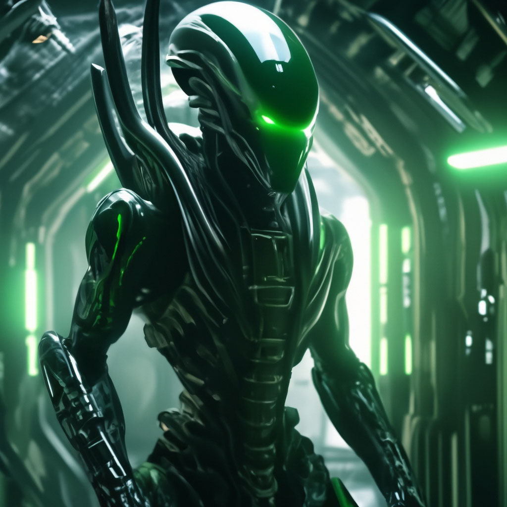 "Mechanical xenomorph, completely black, green glow of mechanisms ...