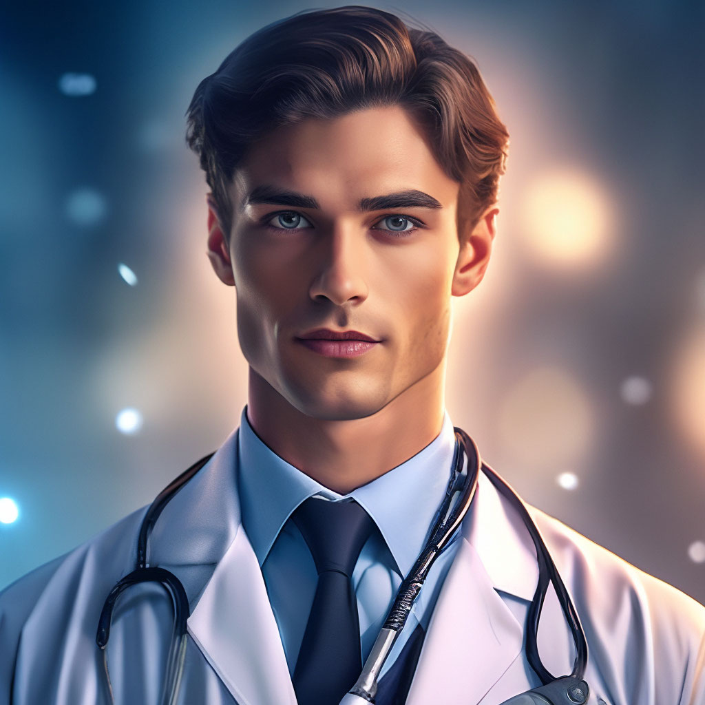 "Handsome charming male doctor, transparent eyes, long eyelashes, many ...