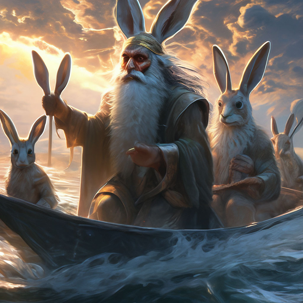 "Grandfather Mazai and hares in a boat cirrus clouds, surrealism,ultra ...