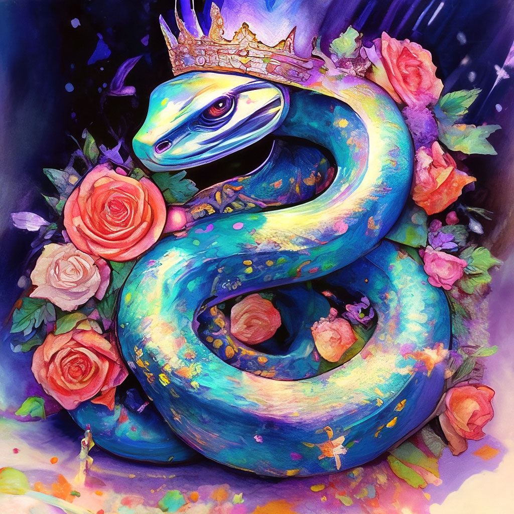 "Snake curled up in the shape of 8, tiara on his head, flower dust ...