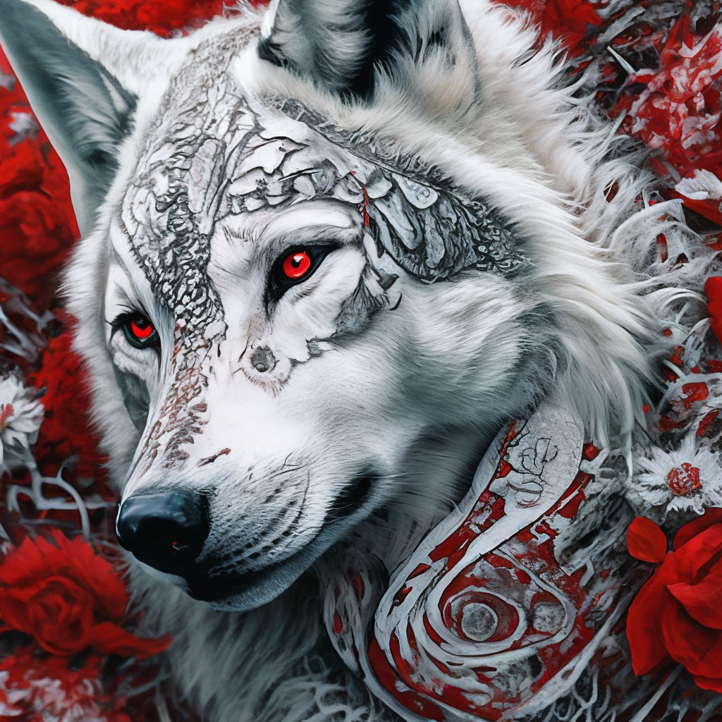 "Digital painting, tattooed snow-white wolf surrounded by red and black ...